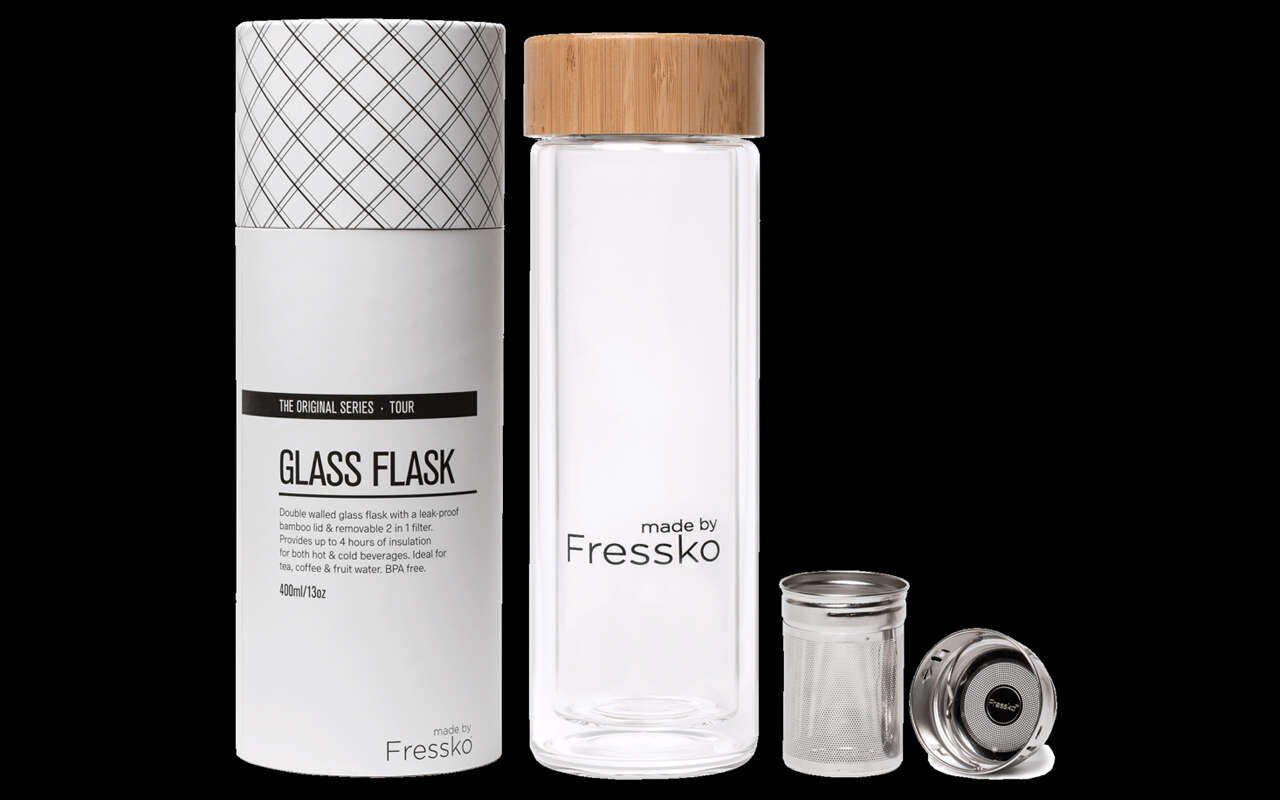 Double walled glass Fressko Tour Flask features 2-in-1 infuser filter ...